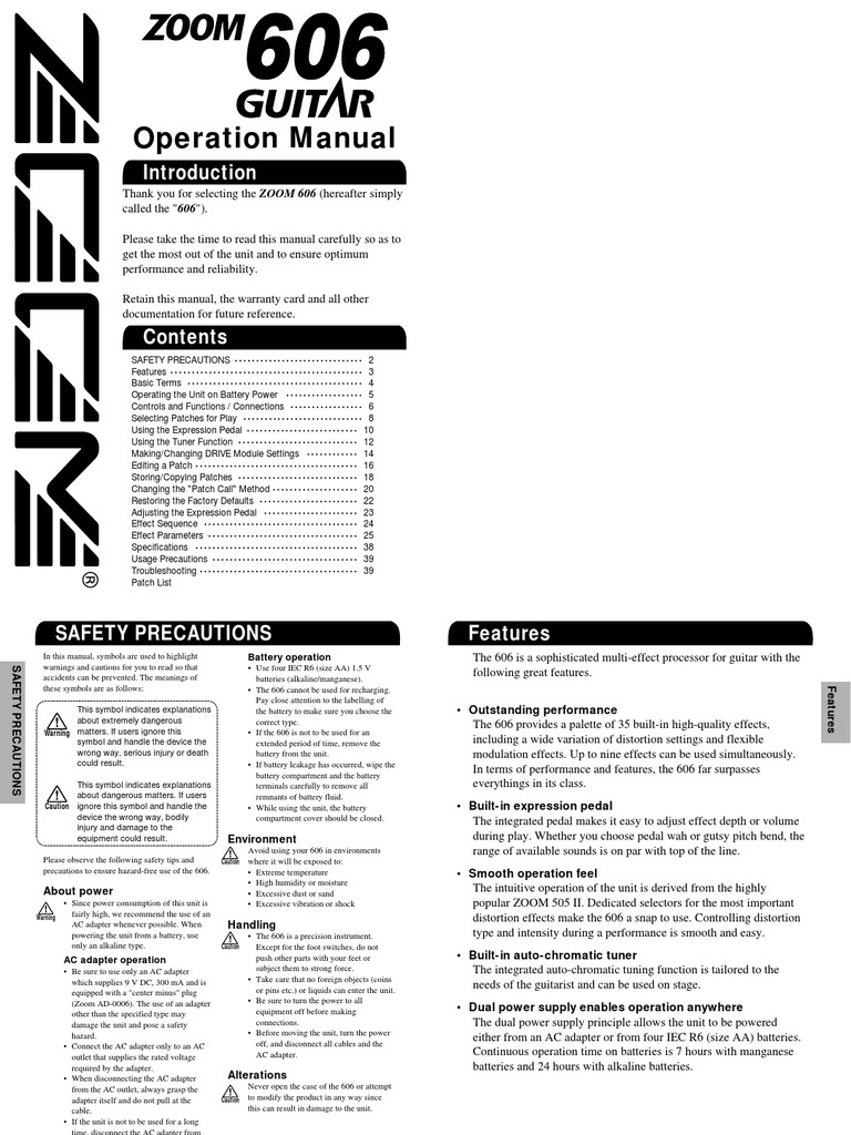 ZOOM 606 Guitar Pedal Operation Manual | PDF | Synthesizer | Electricity