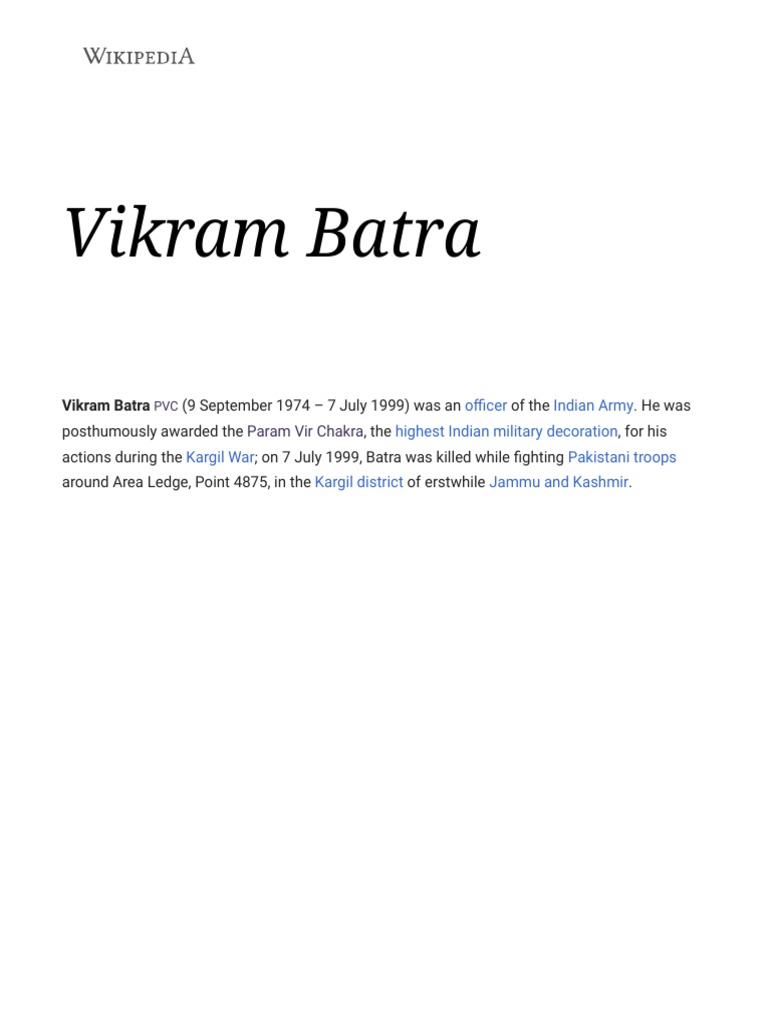Vikram Batra - Wikipedia | PDF | Military Organization | Military Science
