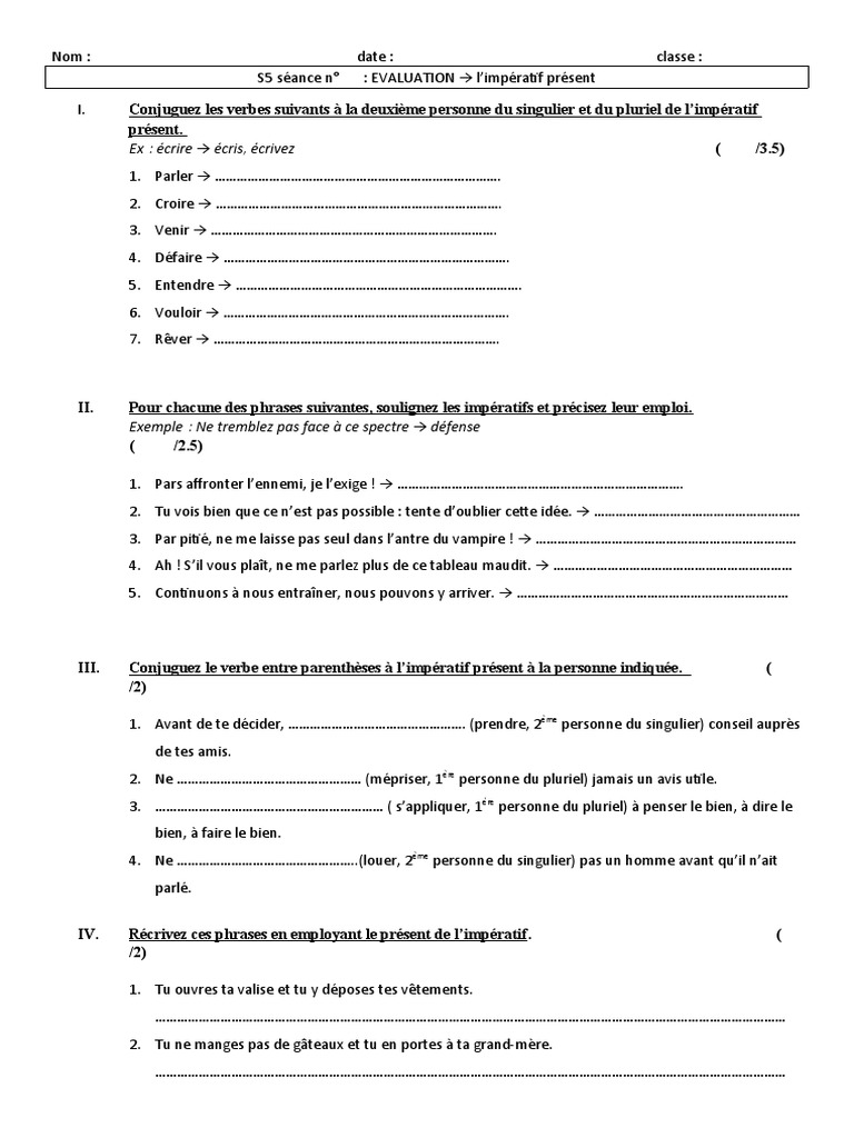 Évaluation de l'Impératif Présent 6ème | PDF | Nombre grammatical | Syntaxe