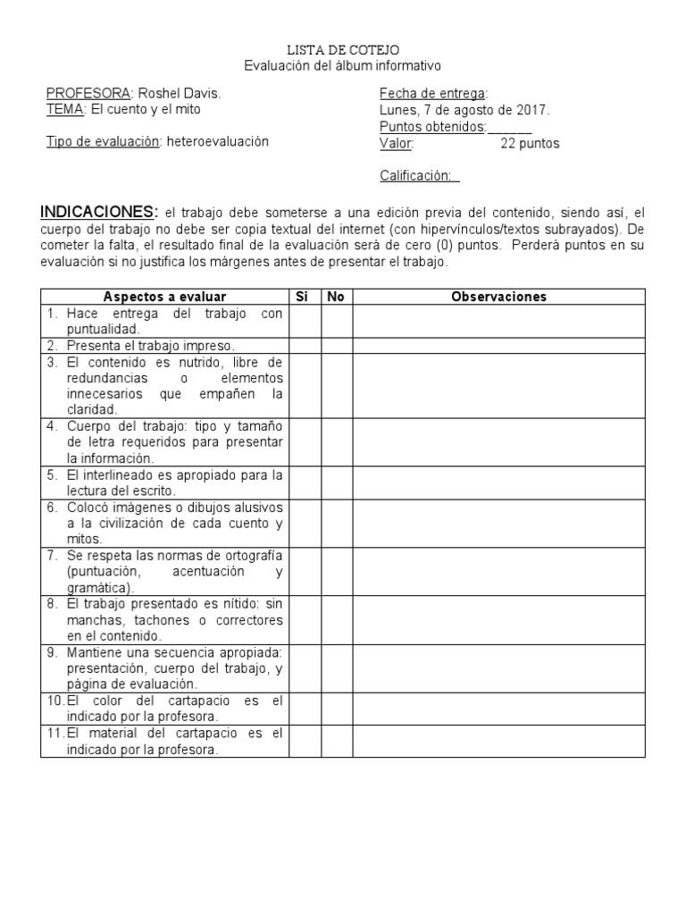 Lista de Cotejo de Álbum | PDF