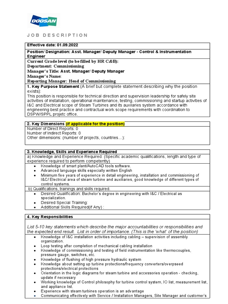 Job Description - Asst. Manager - I&C Commissioning | Download Free PDF ...