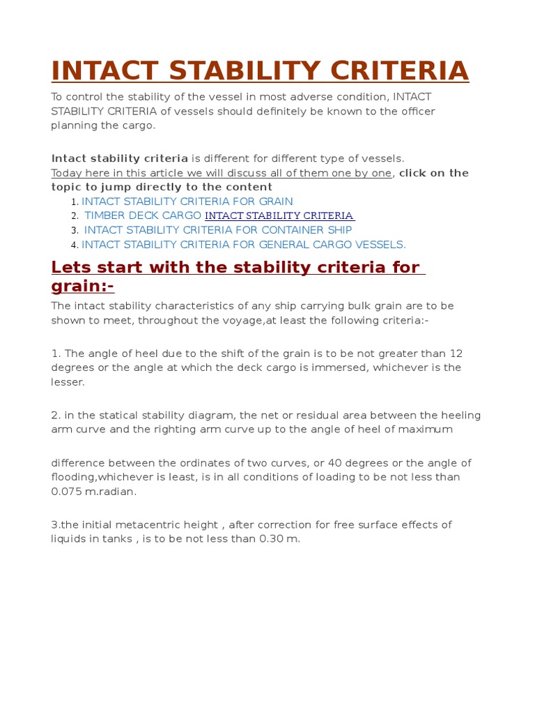 Intact Stability Criteria | PDF | Water Transport | Watercraft