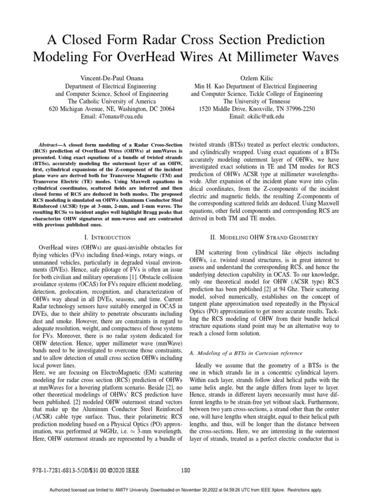 A Closed Form Radar Cross Section Prediction Modeling For OverHead Wires at Millimeter Waves ...