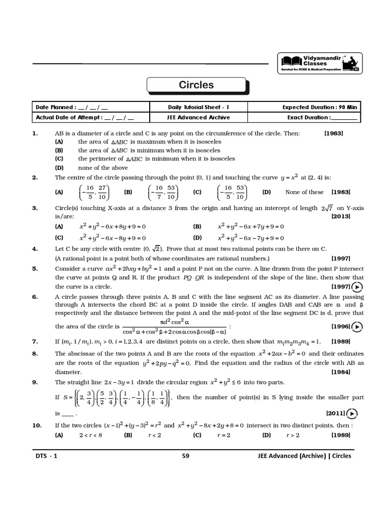 Circle JEE Advanced DTS - 1 | PDF | Circle | Elementary Geometry