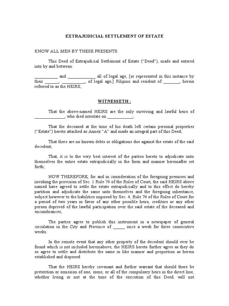 Extrajudicial Settlement With Sale Format | PDF | Inheritance | Deed