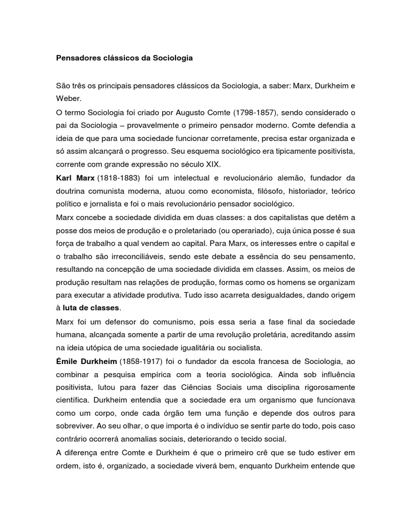 Pensadores Clássicos Da Sociologia | PDF | Sociologia | Émile Durkheim