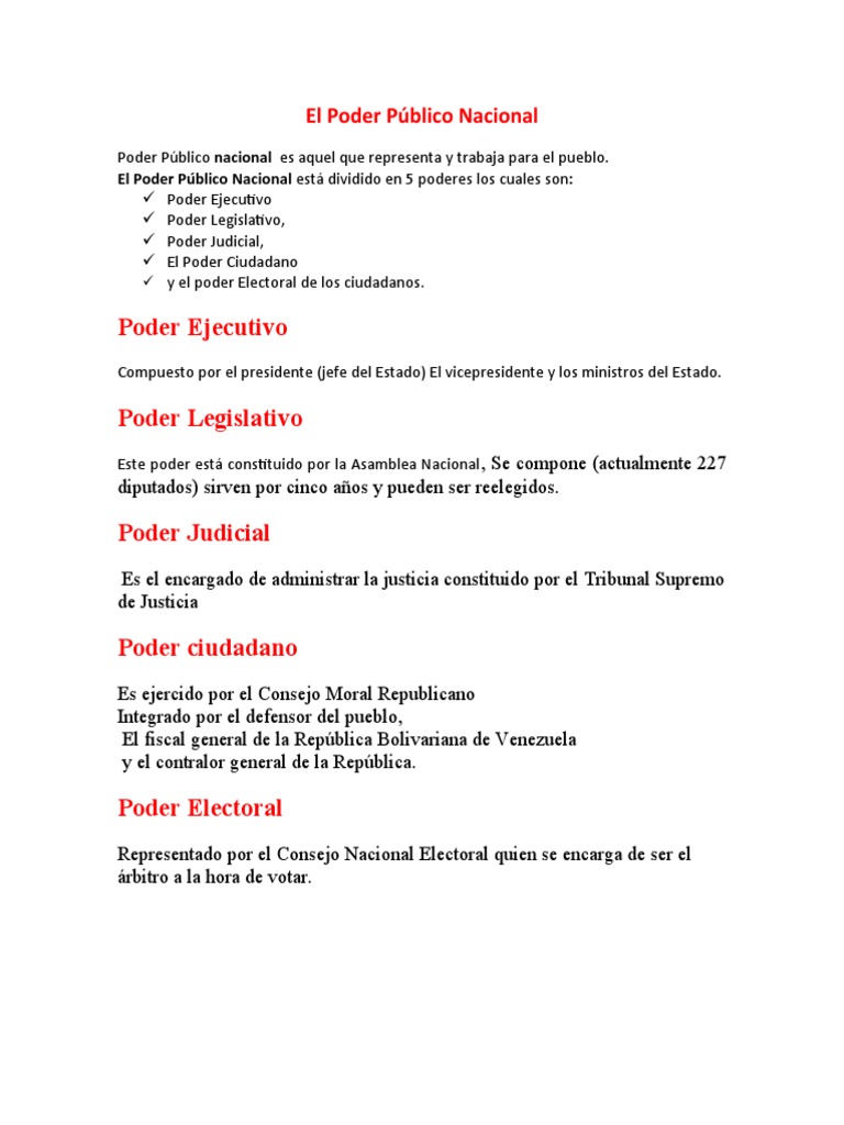 El Poder Público Nacional Está Dividido en 5 Poderes Los Cuales Son | PDF