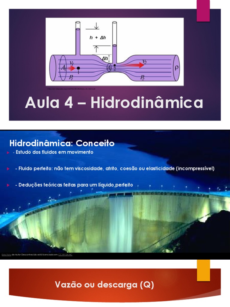 Aula 4 HIDRAÚLICA Hidrodinâmica SLIDES | PDF | Mecânica dos fluidos | Descarga (hidrologia)