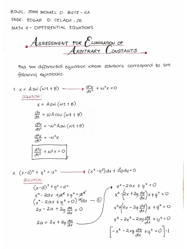 Boloc, John Michael D. Bsce-2a - Elimination of Arbitrary Constants | PDF