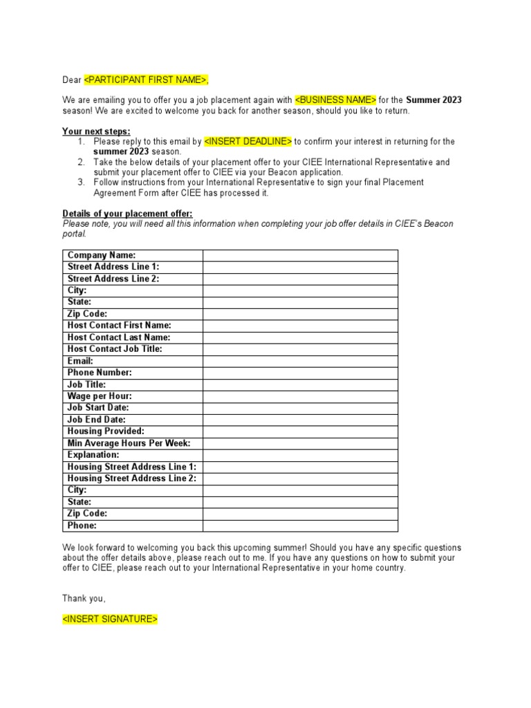 CIEE Participant Offer Template 2023 | PDF