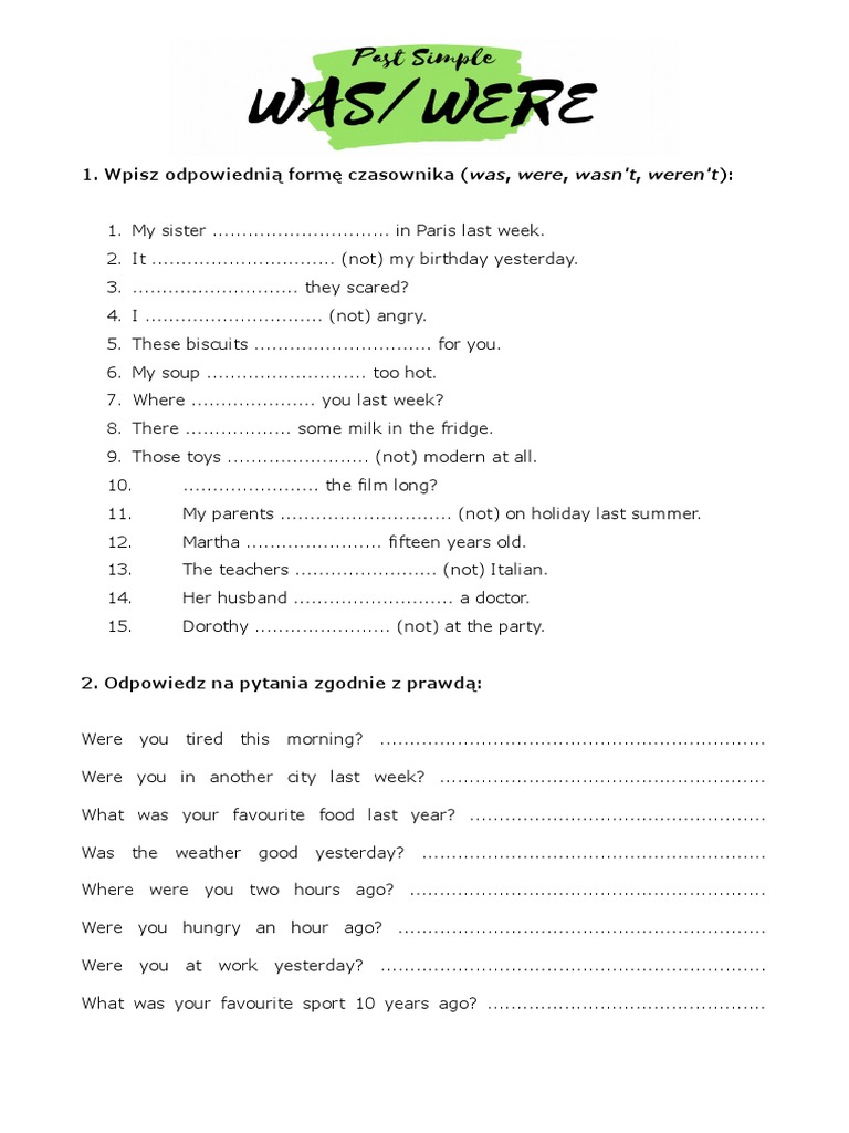 Zadania Was Were | PDF