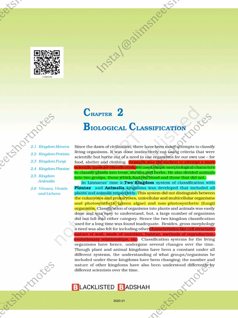 Biological Classification NCERT Highlights WWW Aiimsneetshortnotes | PDF