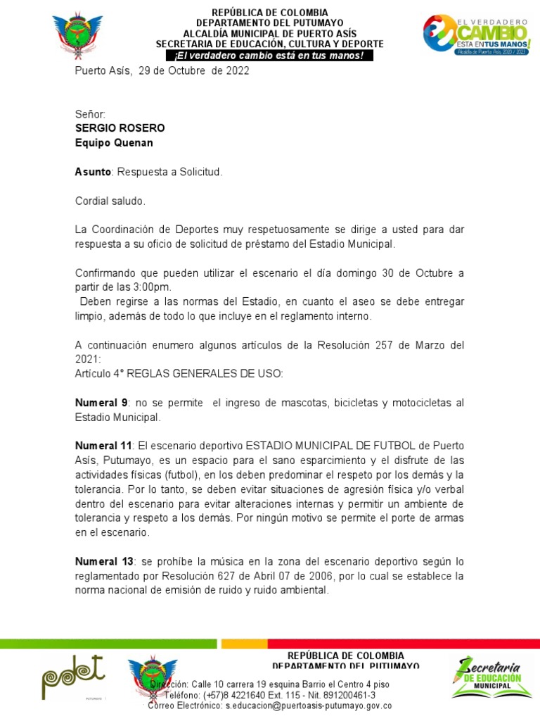 Respuesta a Solicitud de Estadio 5 de Mayo | PDF | Colombia