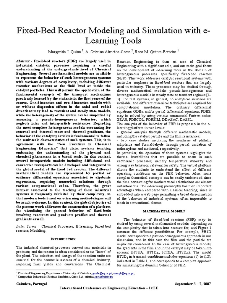 Modeling And Simulation Of Fixed Bed Reactors With E Learning Tools