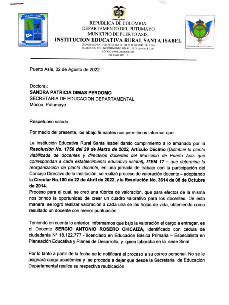 Oficio - Entrega Cargo Docente - SED 2022 | PDF