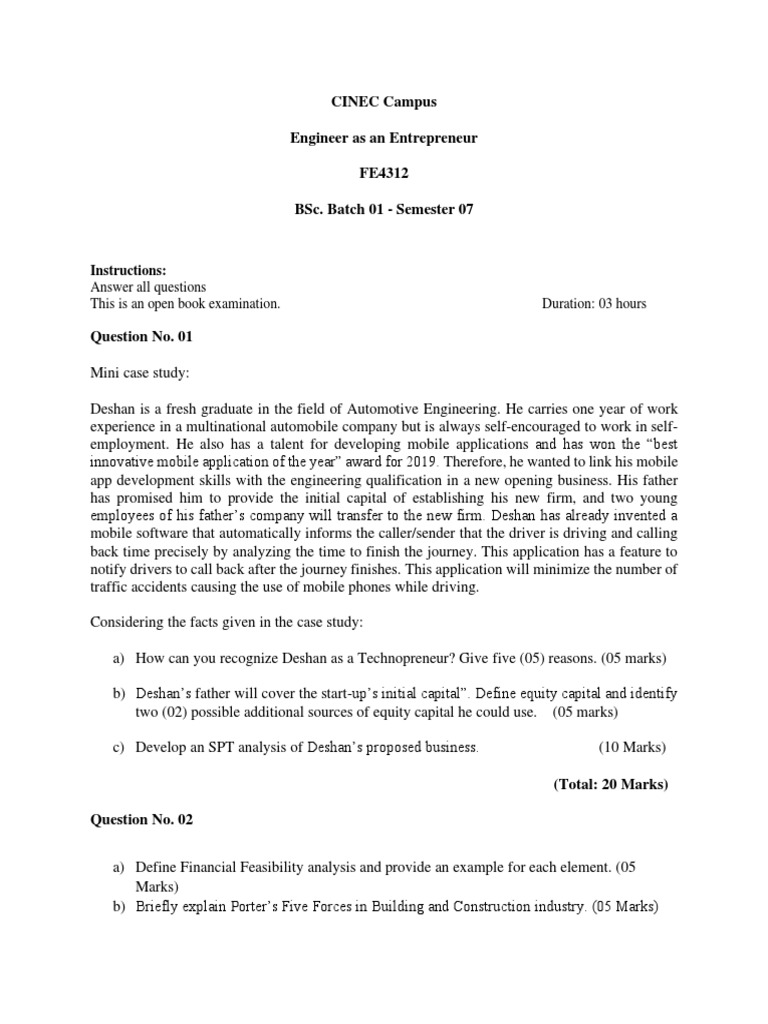 Exam Paper - Engineer As An Entrepreneur - 1 | PDF | Entrepreneurship ...