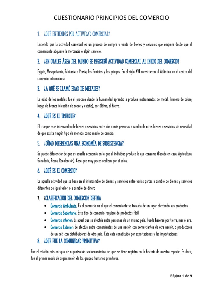 Cuestionario Principios Del Comercio | PDF | Comercio | Permuta