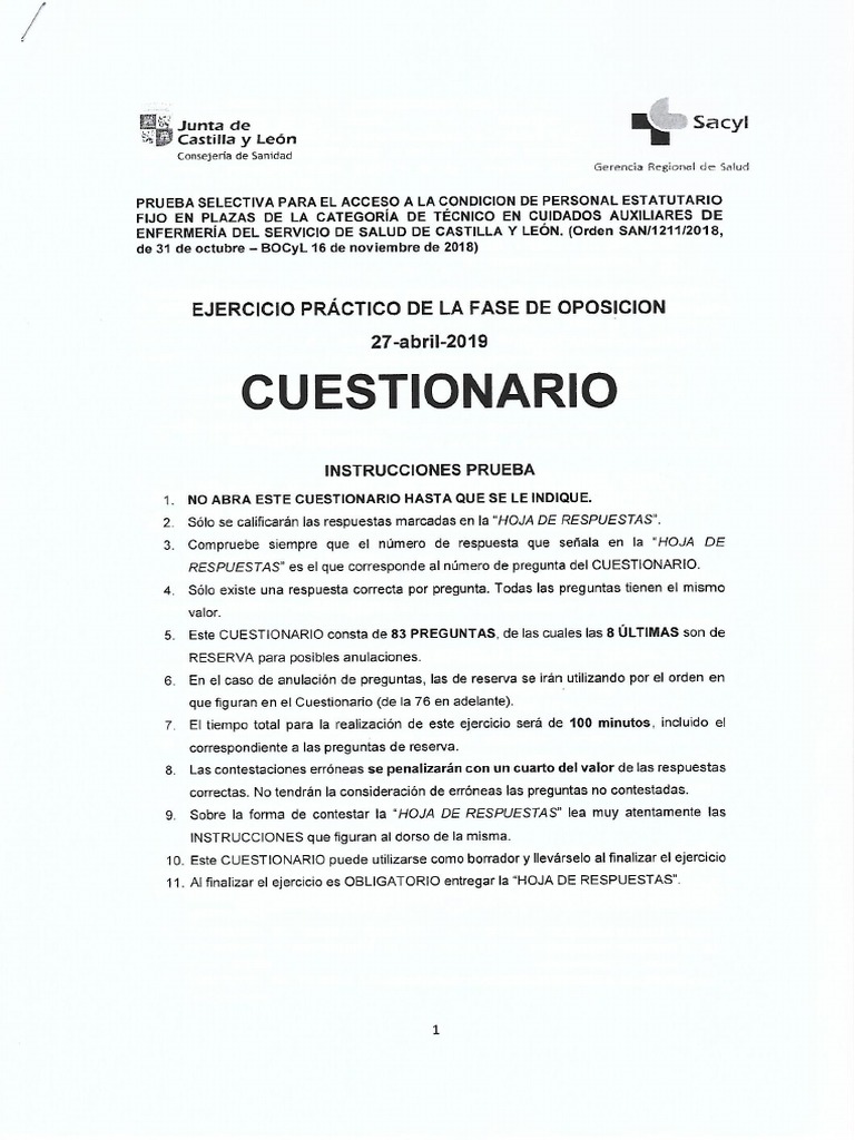 Examen Ope TCAE 2019 | PDF