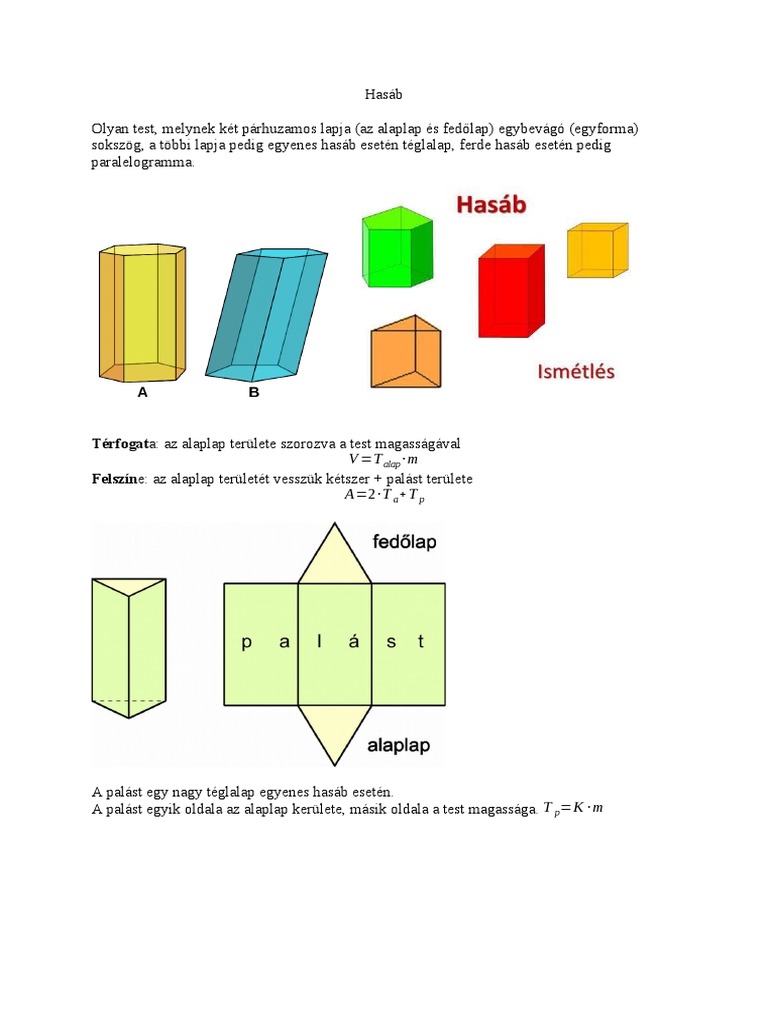 Hasáb Térfogata Felszíne-Megoldással | PDF