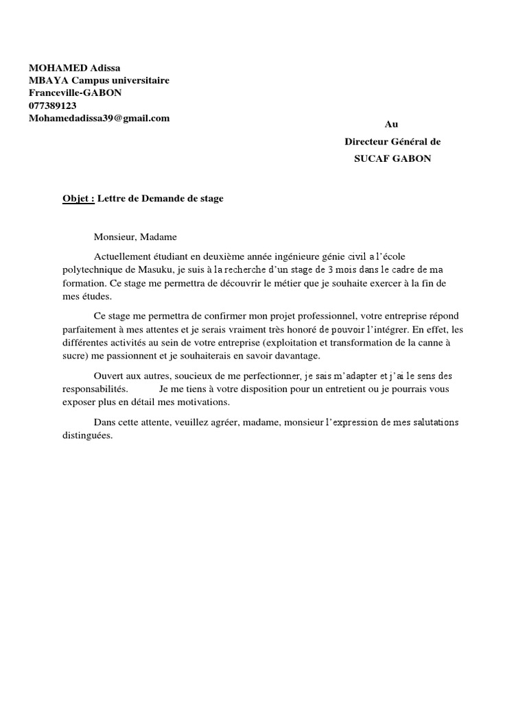 Lettre de Demande de Stage | PDF
