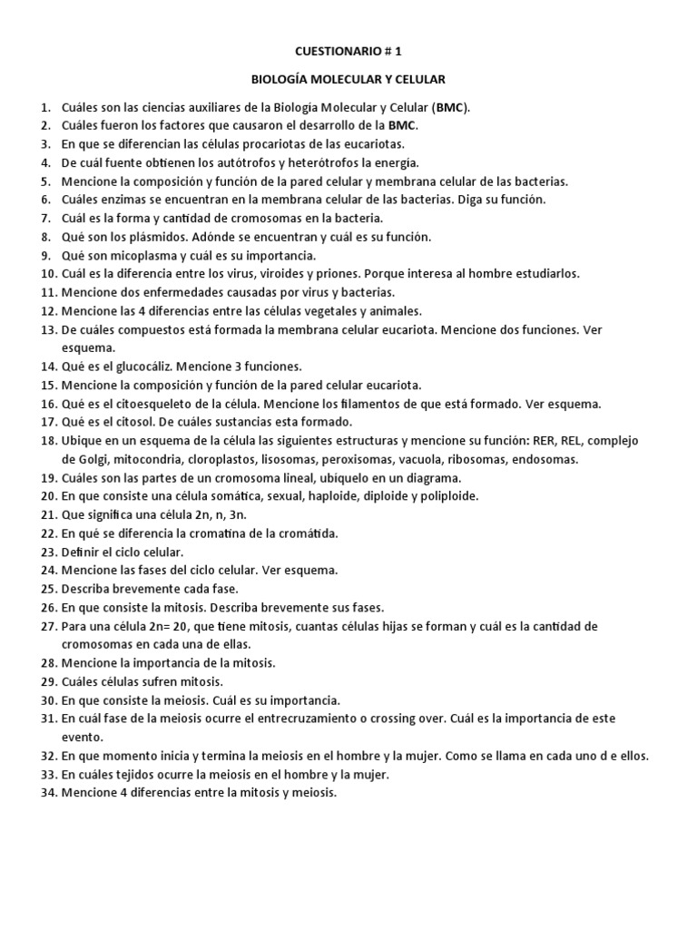 Cuestionario # 1 Biología Molecular y Celular | PDF | Biología Celular) | Mitosis
