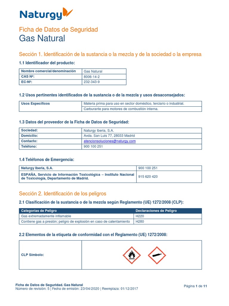 Ficha Seguridad Gas Natural | PDF | Gas natural | Metano