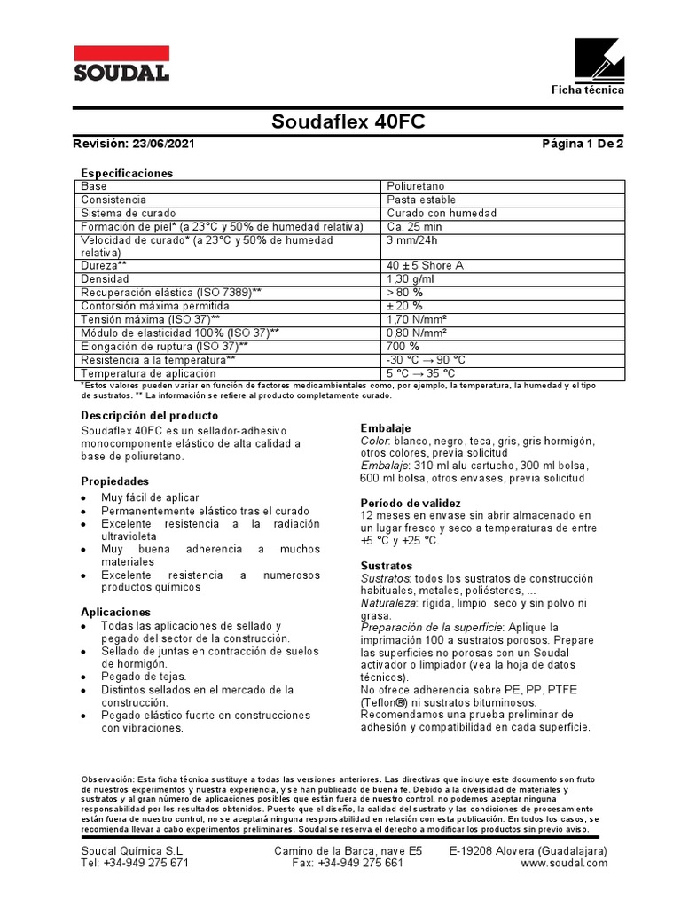 Ficha Tecnica Soudaflex 40 FC | PDF | Hormigón | Materiales