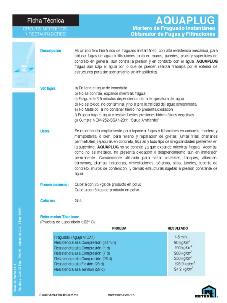 fICHA TÉCNICA AQUAPLUG DE RETEX | PDF | Hormigón | Agua