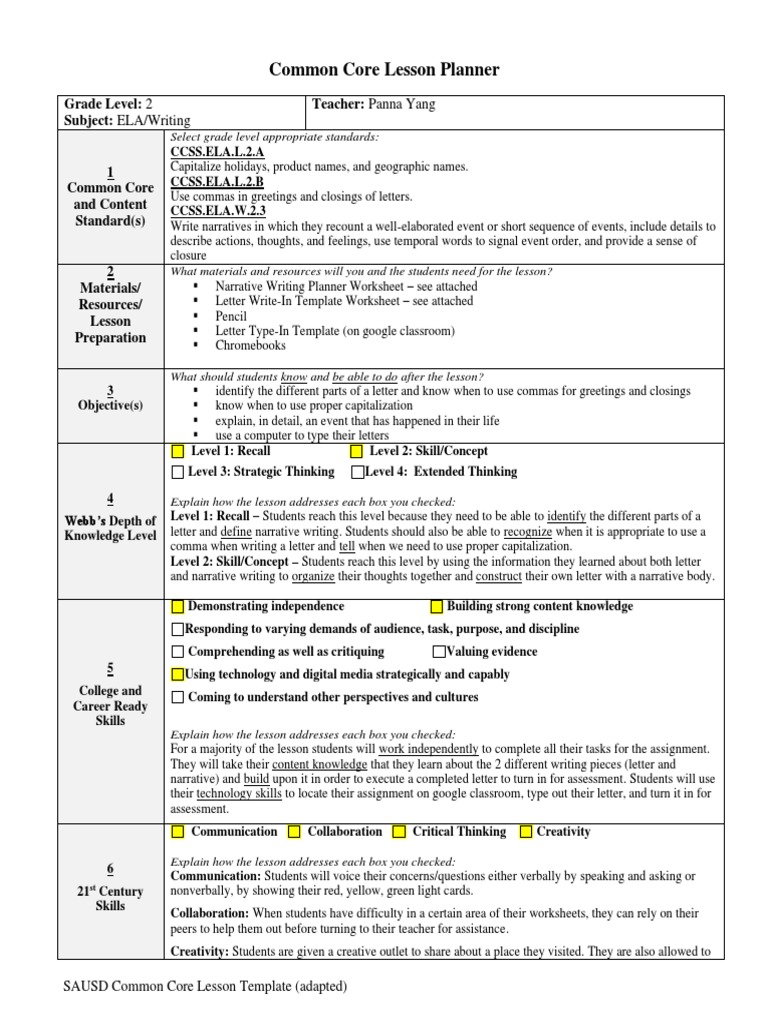Grade 2 ELA Writing Lesson Plan | PDF | Cognition | Learning