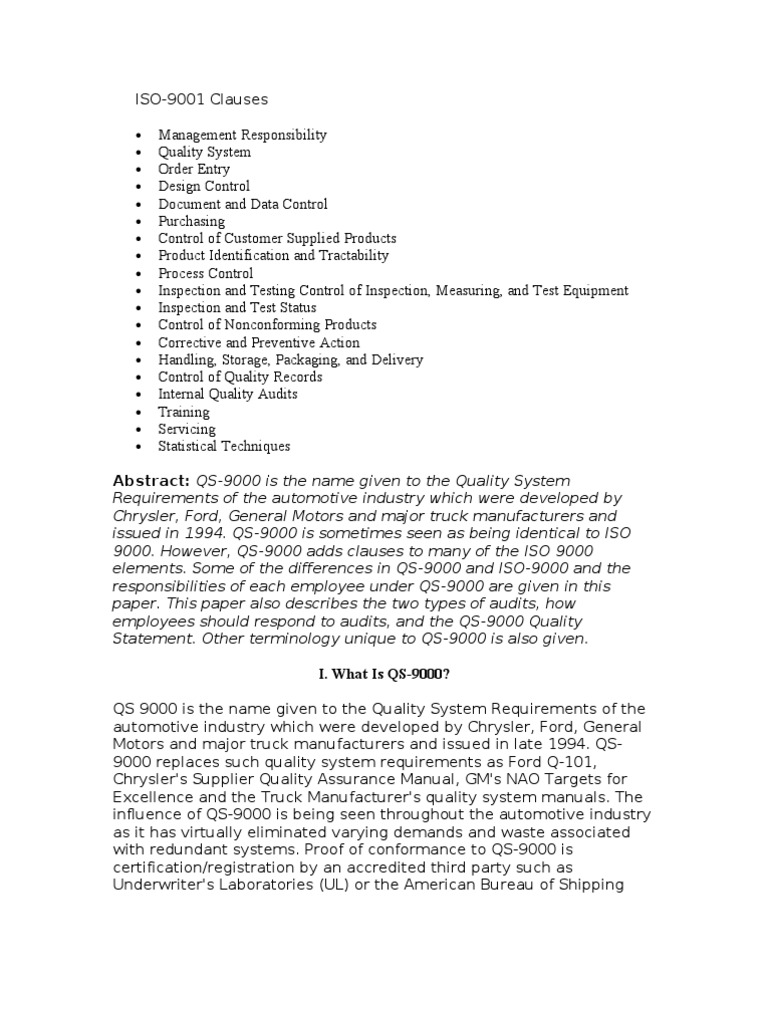 Abstract: QS-9000 Is The Name Given To The Quality System | PDF | Iso ...