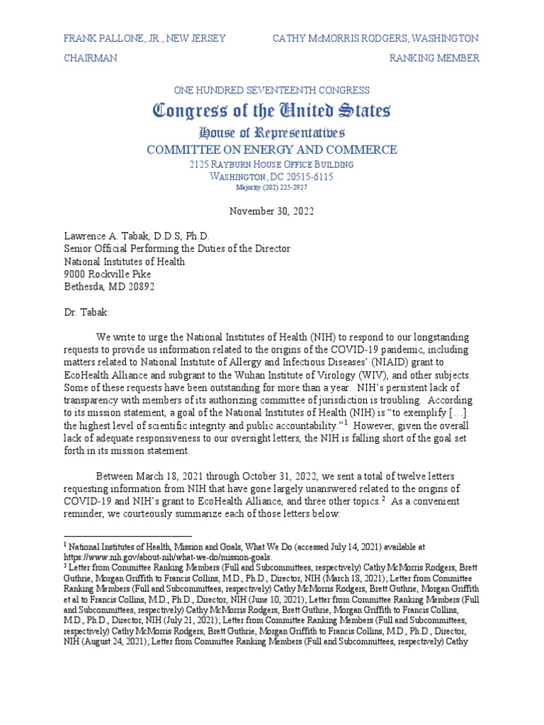 11.30.22 Letter To Dr. Tabak | PDF | National Institutes Of Health