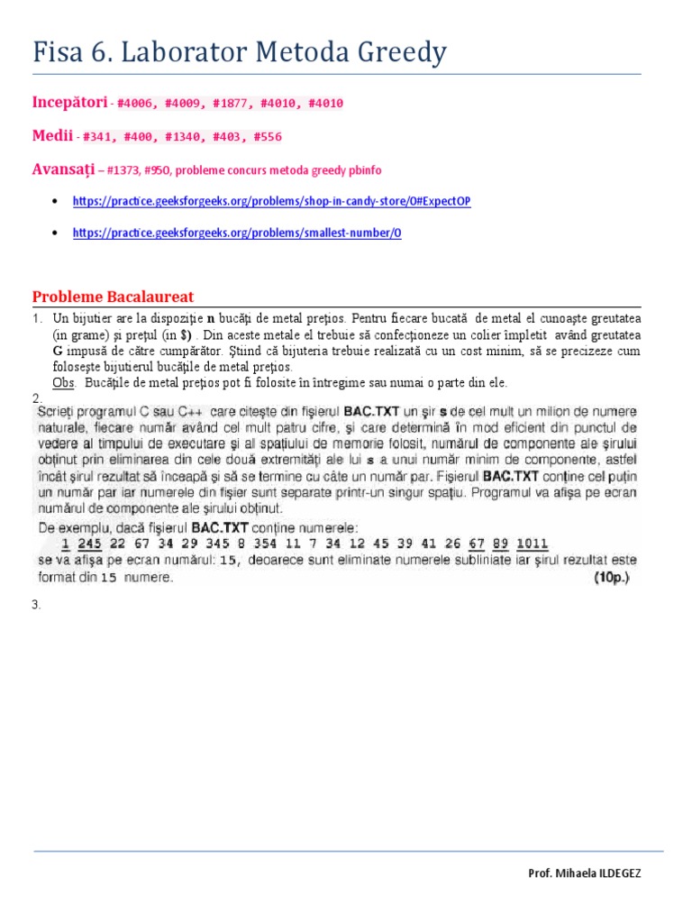 Fisa 6 - Laborator Metoda Greedy S3 | PDF