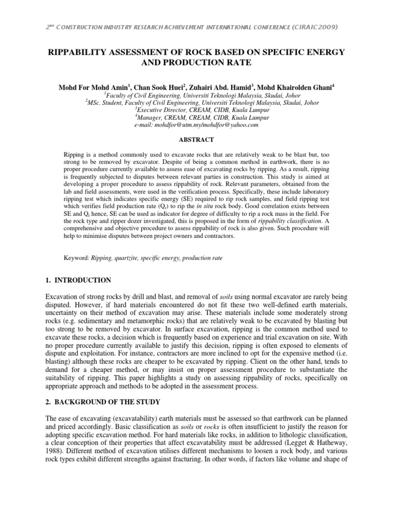 Rippability Assessment of Rock Based On Specific Energy & Production ...