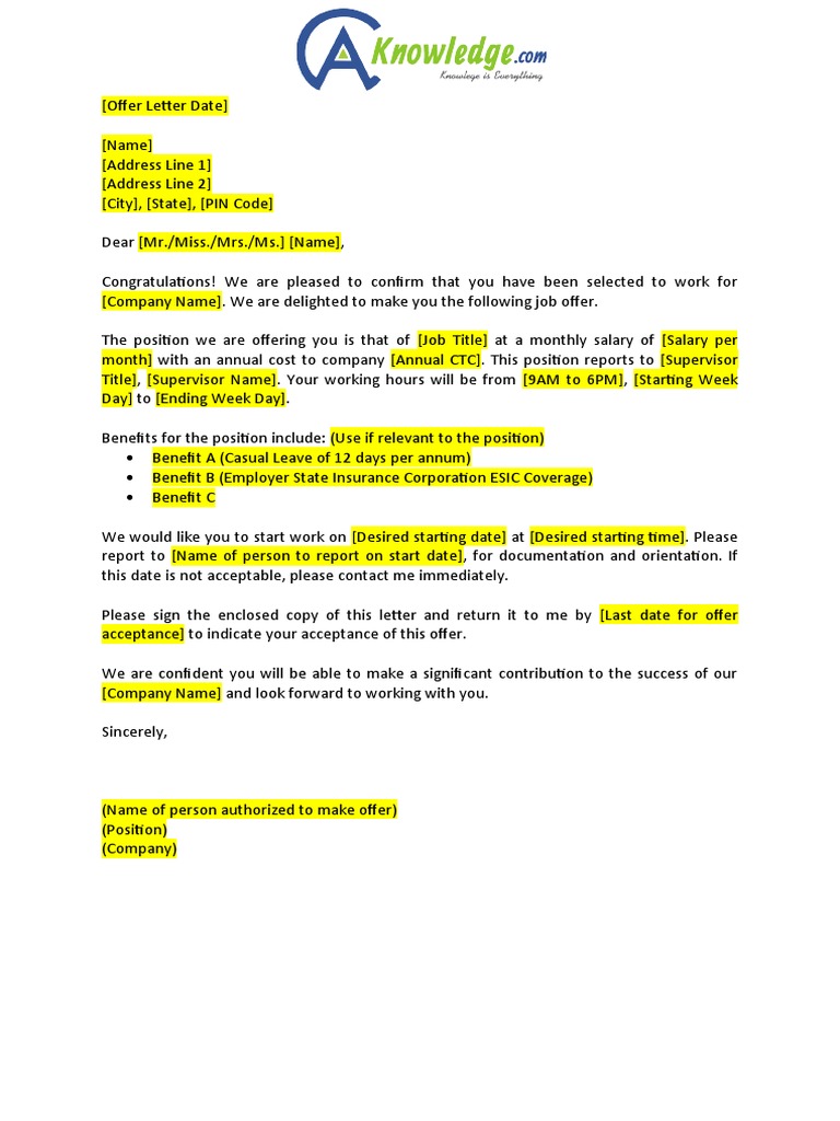 Offer Letter Format | PDF | Career & Growth | Business