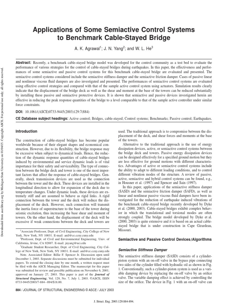 Applications of Some Semiactive Control Systems To Benchmark Cable-Stayed Bridge | PDF | Bridge ...