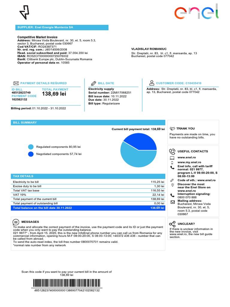 Factura ENEL NR 22MI17068251 10 11 2022g | PDF | Invoice | Value Added Tax