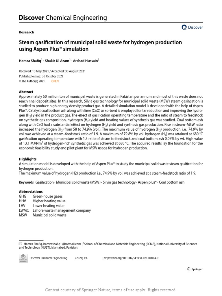Steam Gasification of Municipal Solid Waste For Hydrogen Production ...