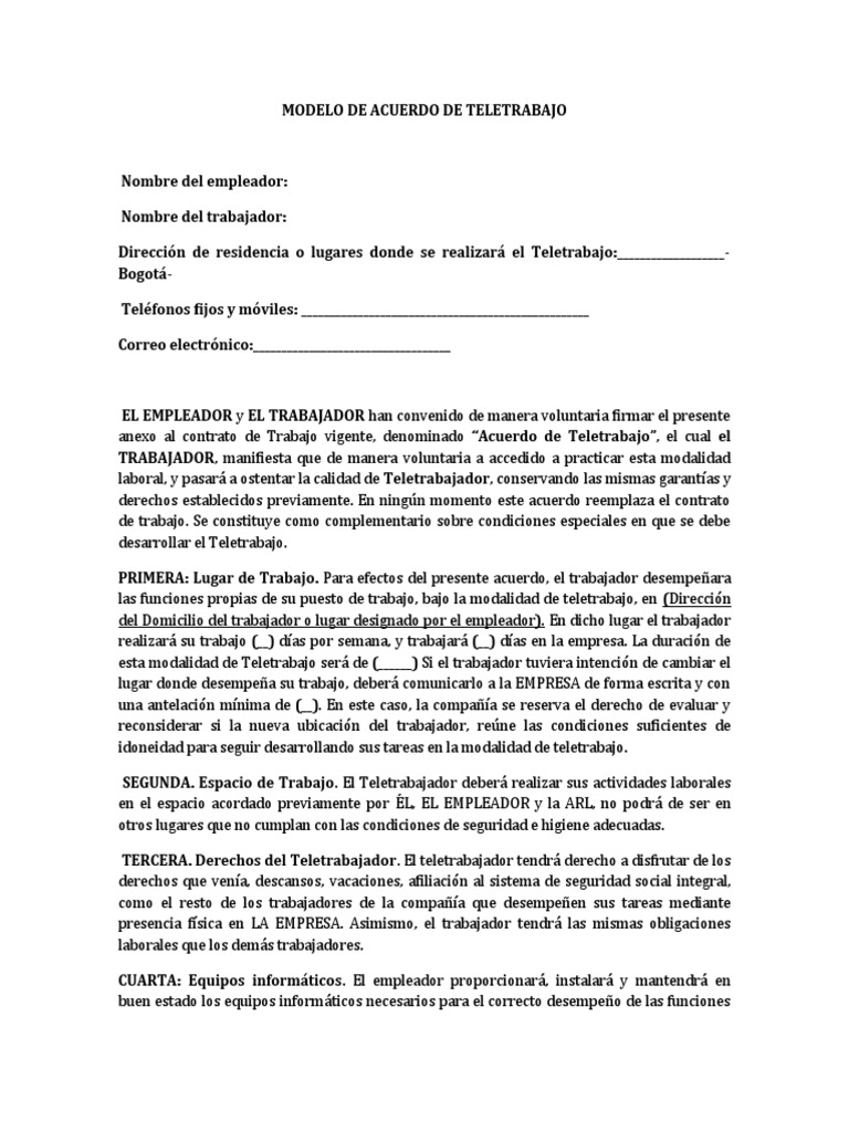 Modelo De Acuerdo De Teletrabajo Pdf
