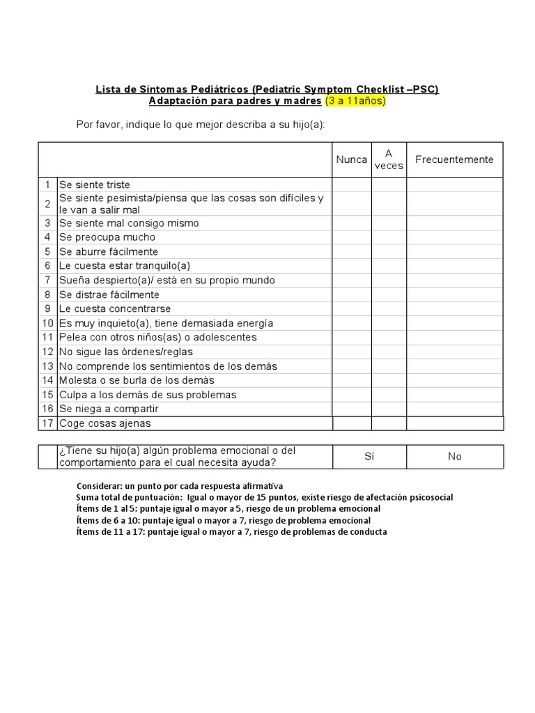 Lista de Síntomas Pediátricos (Pediatric Symptom Checklist - PSC) 12 A ...