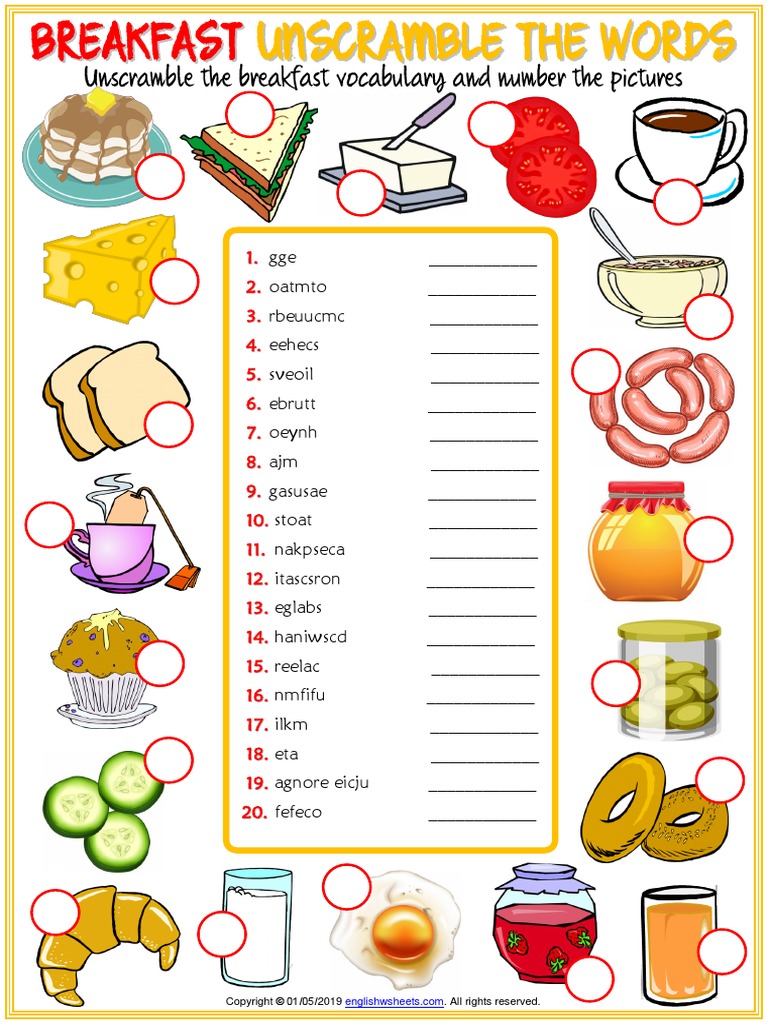 Breakfast Vocabulary Esl Unscramble The Words Worksheet For Kids | PDF ...