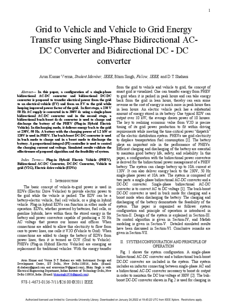 Grid To Vehicle and Vehicle To Grid Energy Transfer Using Single-Phase ...
