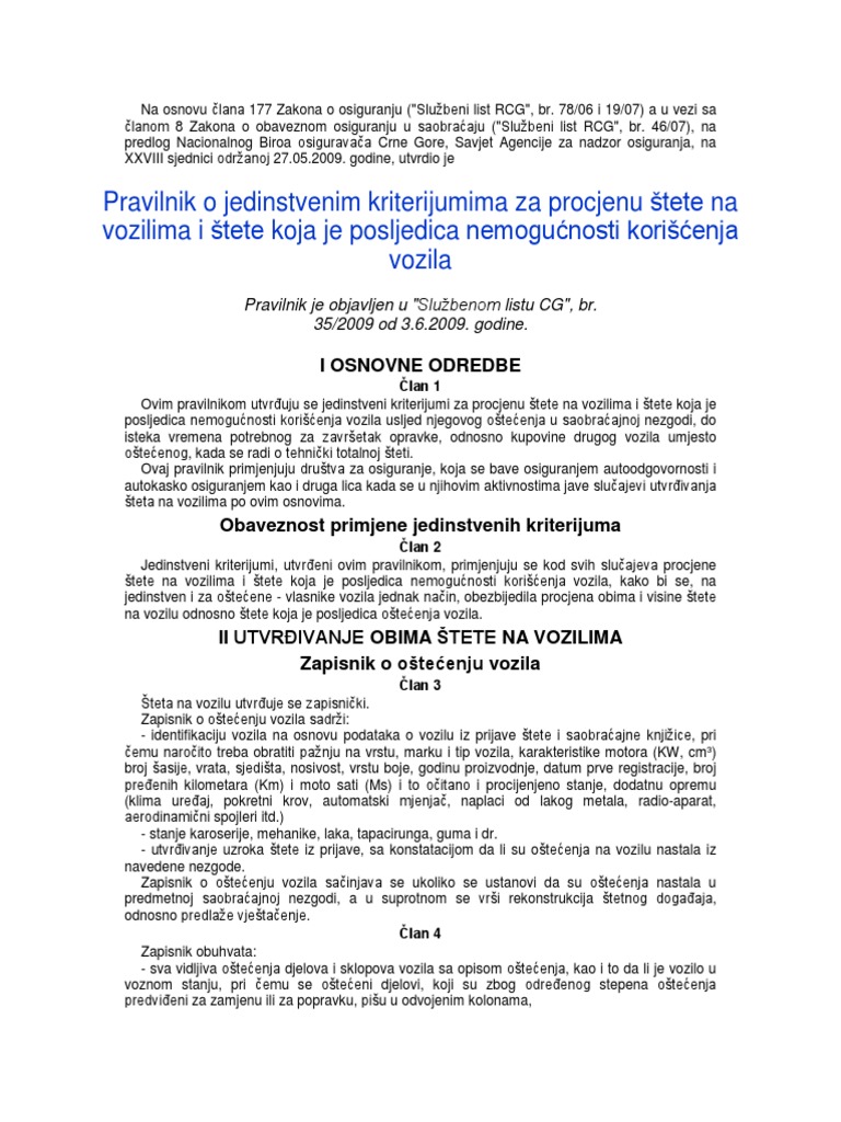 Pravilnik o Jedinstvenim Kriterijumimaza Procjenu Stete Na Vozilu | PDF