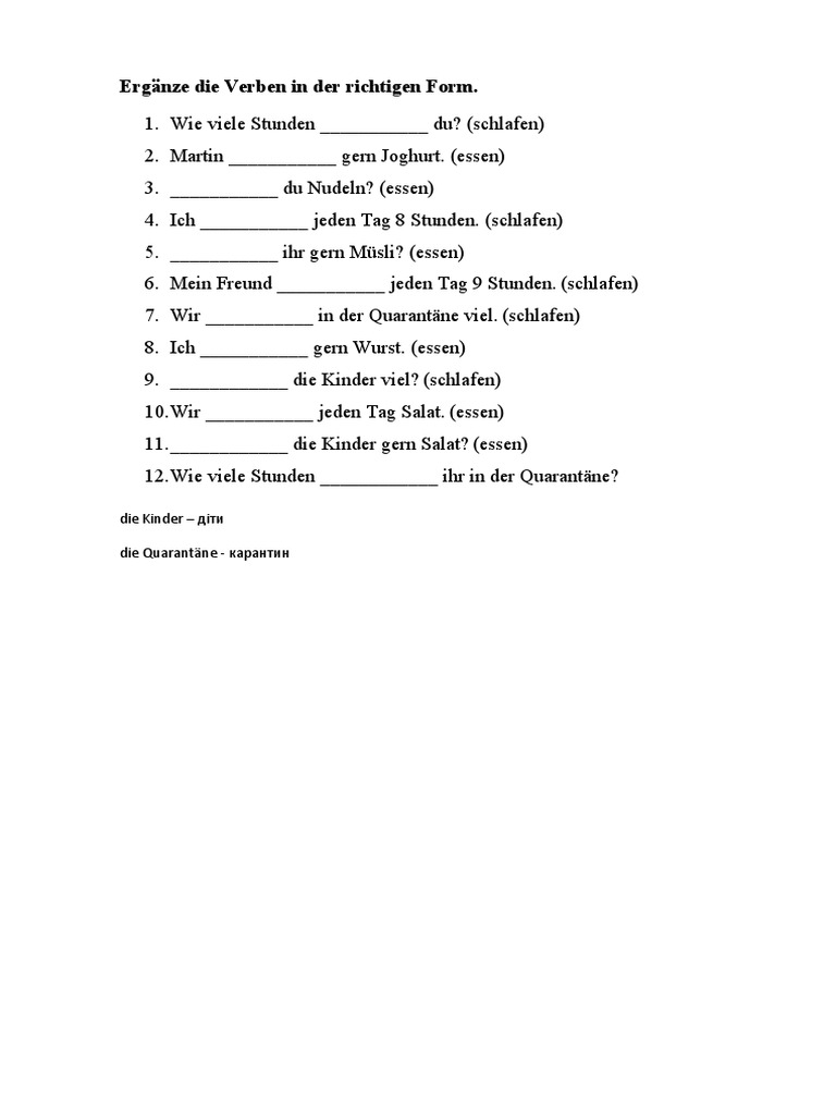 Ergänze Die Verben in Der Richtigen Form (Schlafen, Essen) | PDF