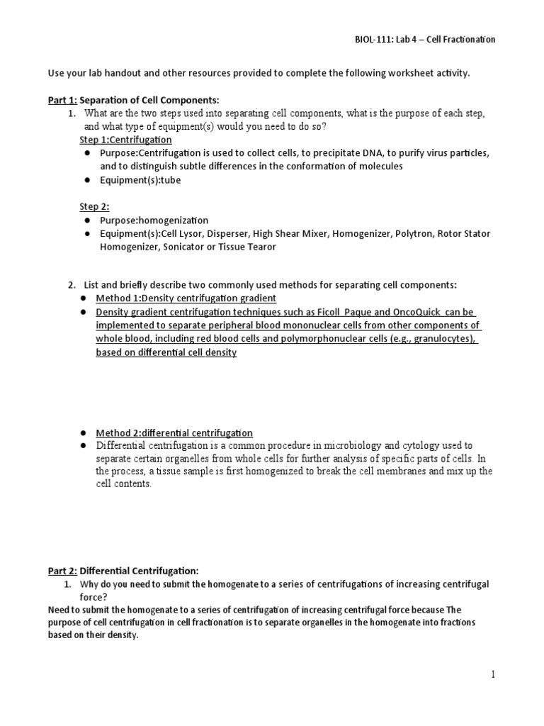 Biol-111 - Cell Fractionation Worksheet | PDF | Centrifugation | Chemistry