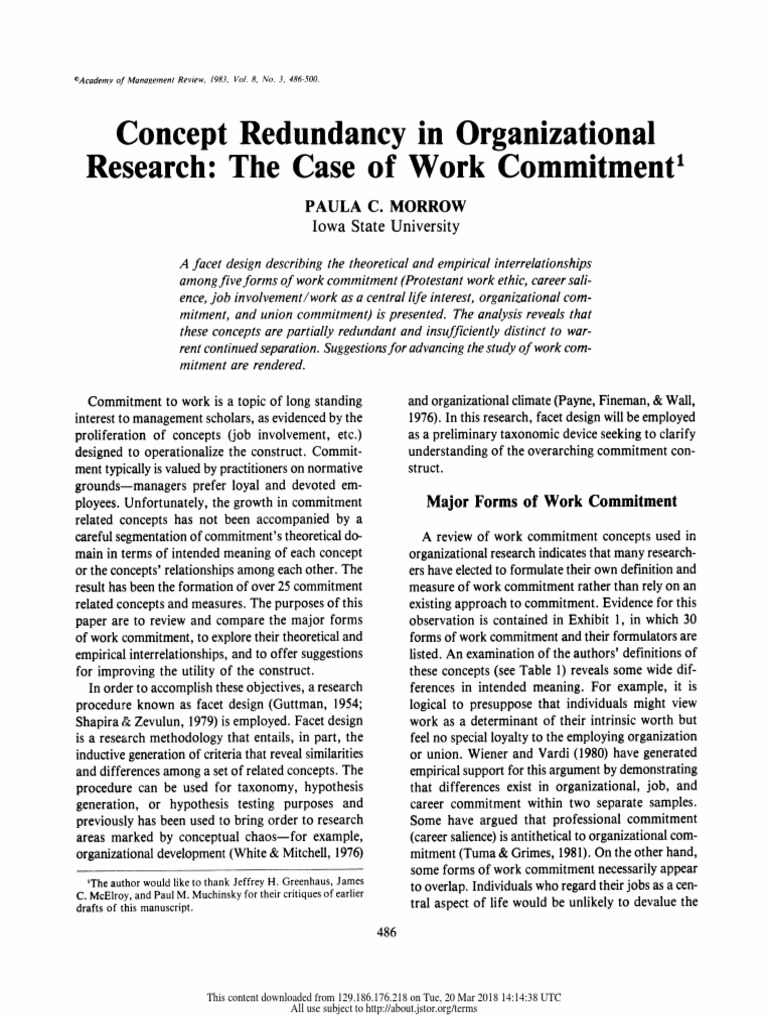 (1983) Morrow - Concept Redundancy in Organizational Research - The Case of Work Commitment | PDF
