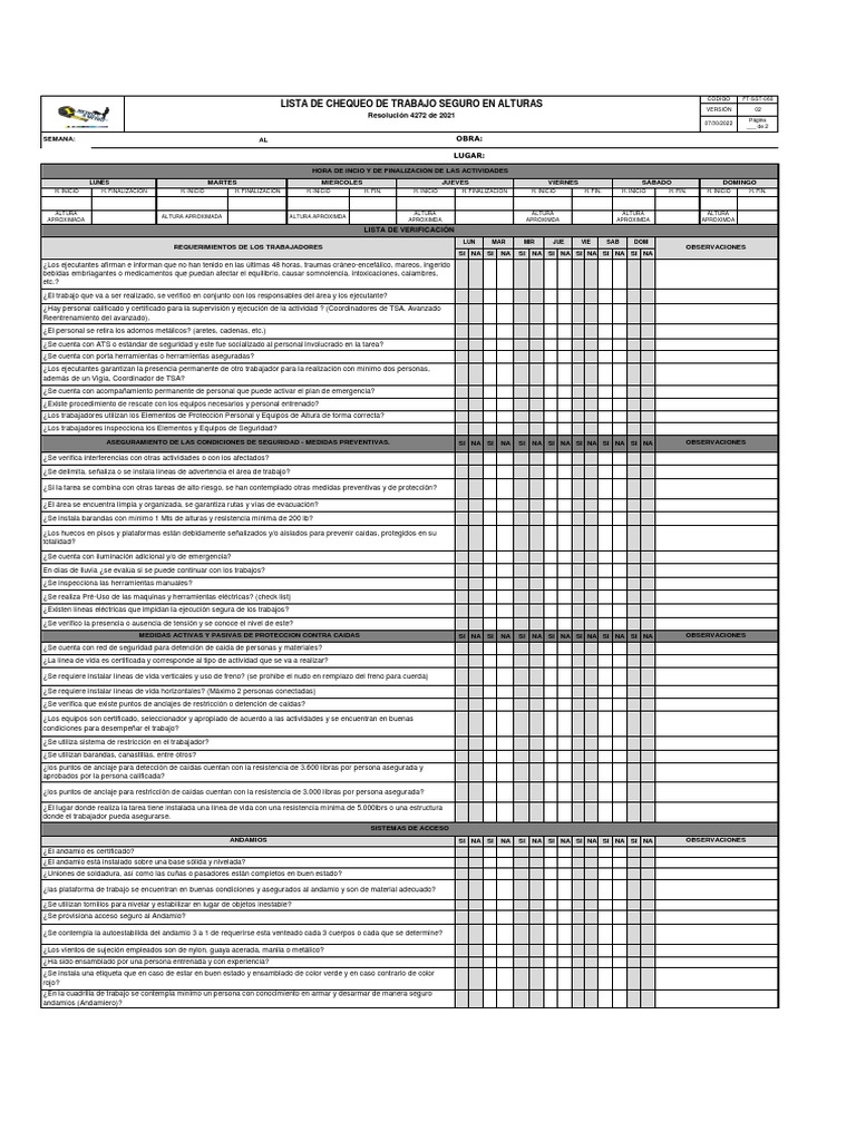 FT-SST-060 Lista de Chequeo Alturas | PDF