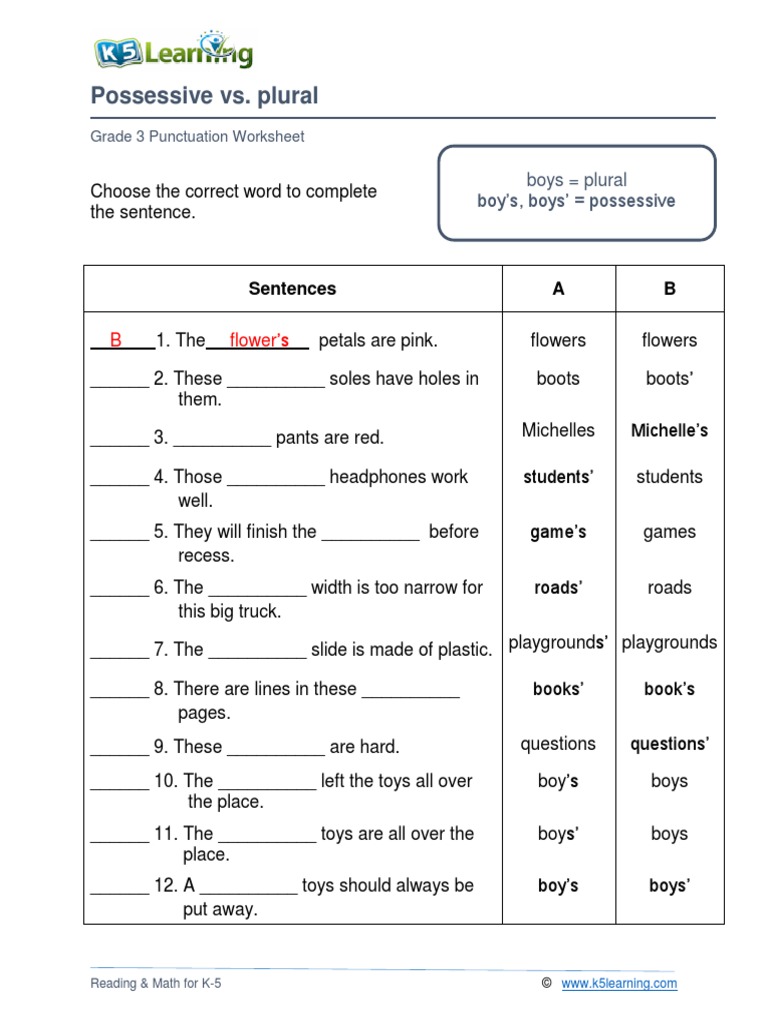 Grade 3 Possessive Vs Plural B | PDF | Linguistics