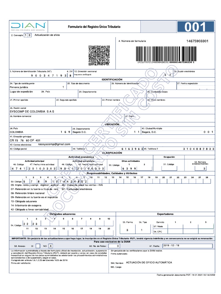 Rut Syscomp de Colombia Sas 2021 | PDF