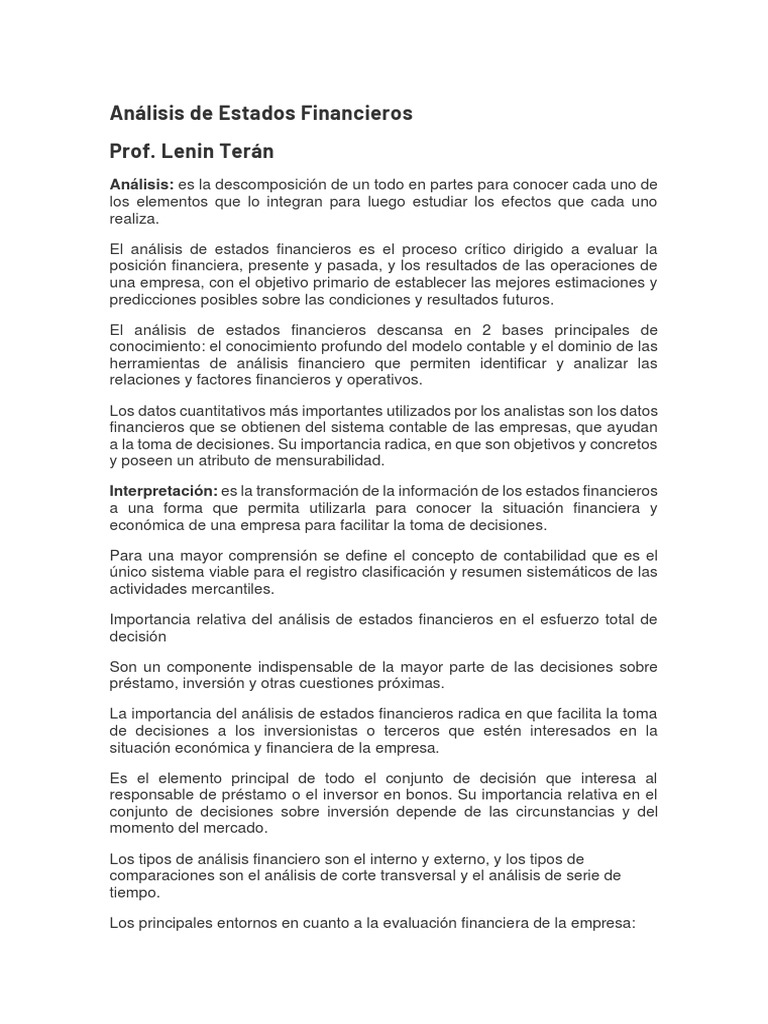 Análisis de Los Estados Financieros | PDF | Contabilidad | Estado financiero