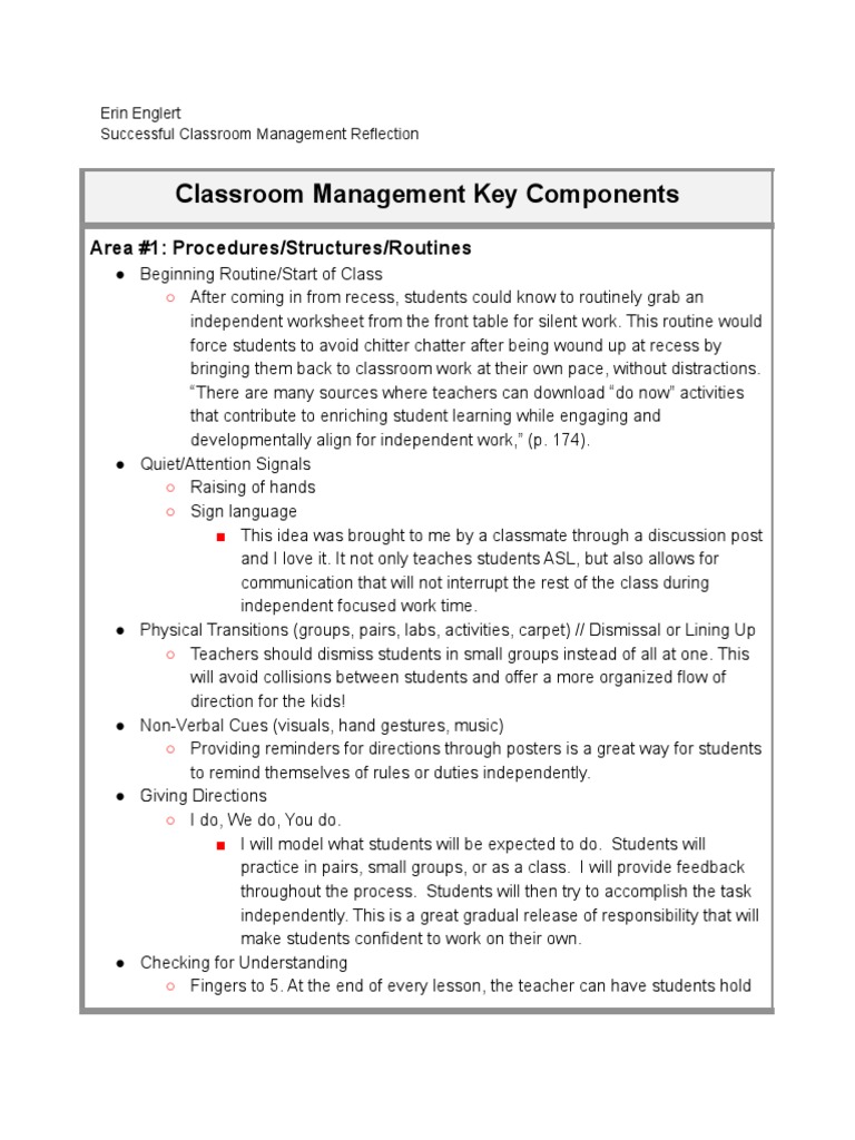 Successful Classroom Management Reflection Key Components 1 | PDF ...